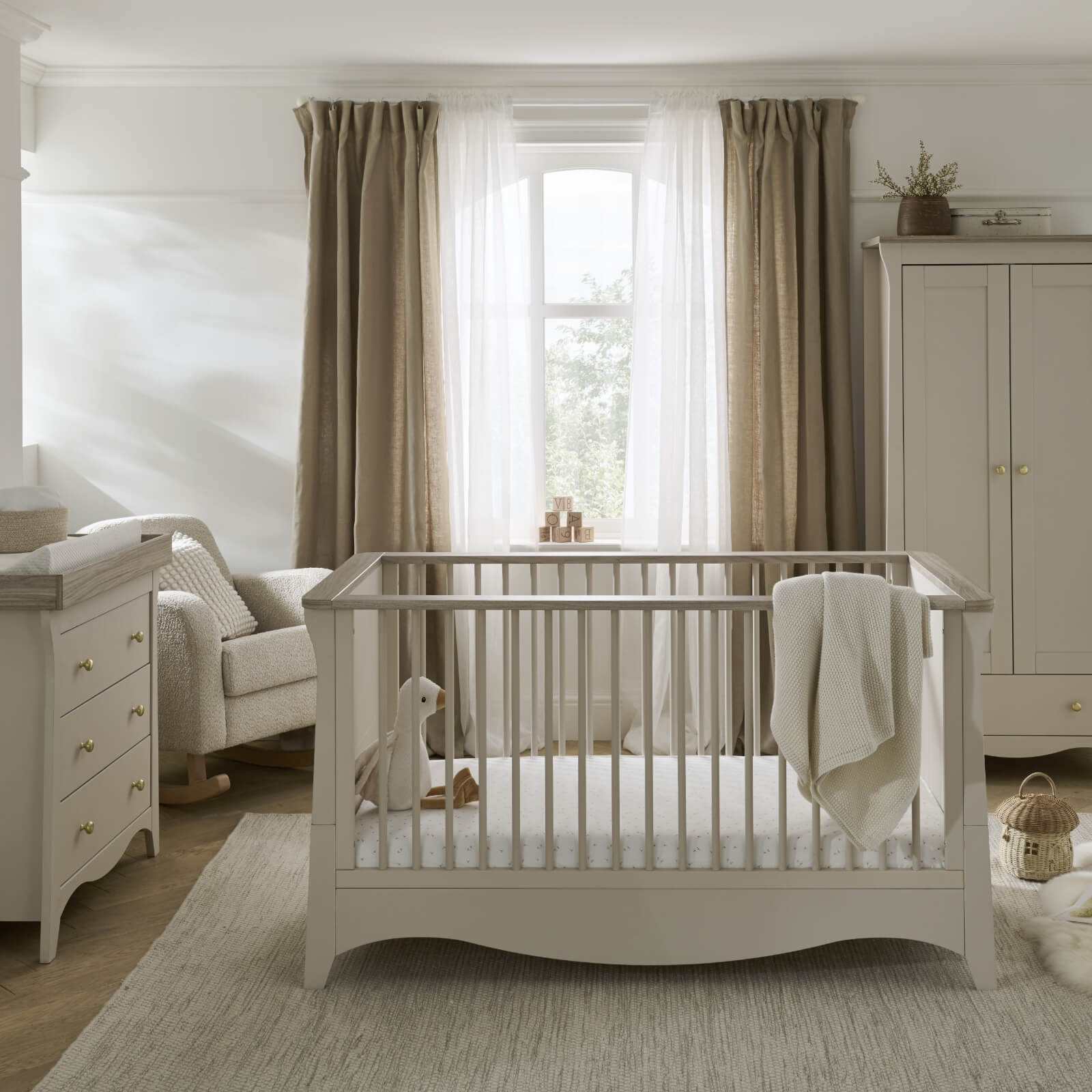 CuddleCo Clara 3 Piece Set Drawer Dresser Cot Bed + Wardrobe - Cashmer
