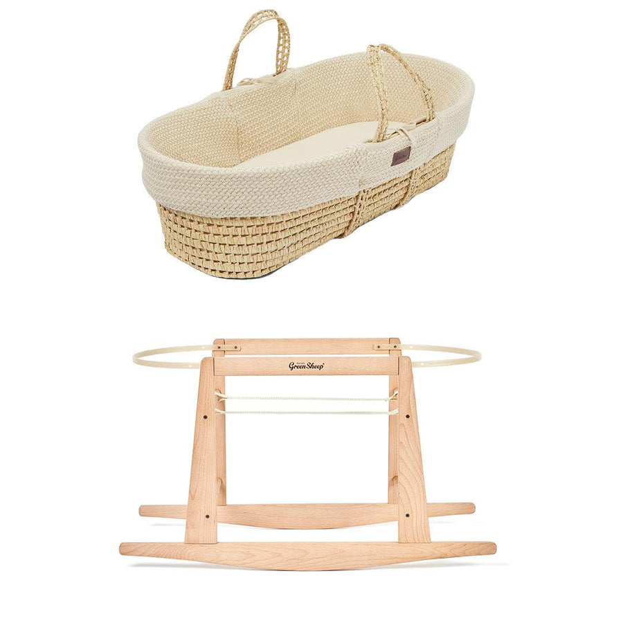 The Little Green Sheep Organic Wheat Knit Moses Basket + Mattress - Li