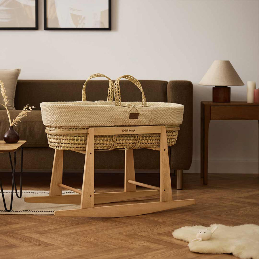 The Little Green Sheep Organic Wheat Knit Moses Basket + Mattress - Li