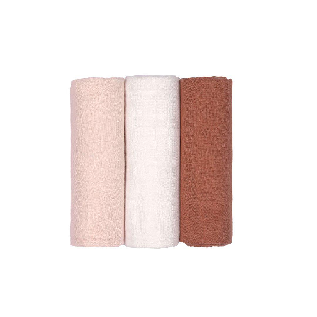 Lassig Swaddle + Burp Blankets - Powder Pink/Milky/Rust - 3 Pack